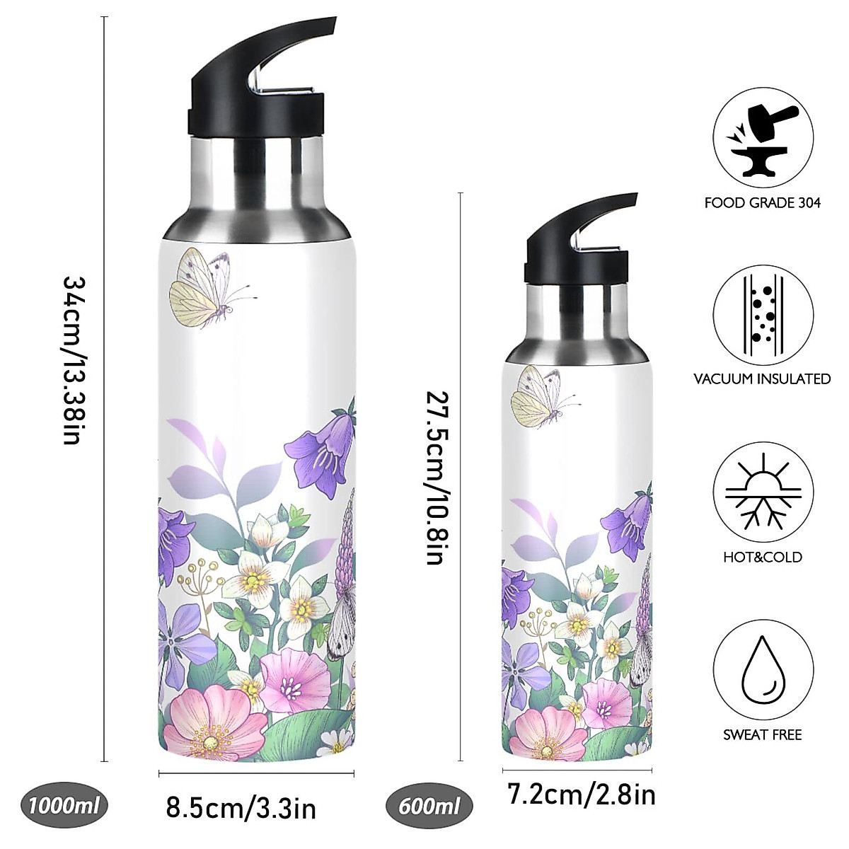 Kigai Butterfly Flowers Stainless Steel Sports Water Bottle BPA-Free Vacuum Insulated Leakproof Wide Mouth Flask with Straw Lid Keeps Liquids Cold or Hot for Gym Travel Camping