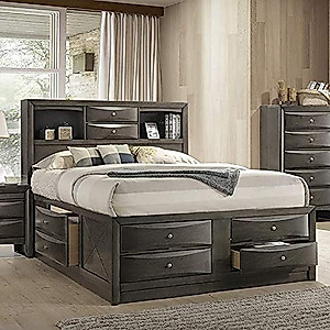 HABITRIO Queen Bed with Storage, Solid Wood Queen Size Bed Frame with Headboard (2 Bookcase, 2 Drawers), Footboard (4 Drawers), Rail with 2 Drawers, Wooden Slat, No Box Spring Needed, Gray Oak