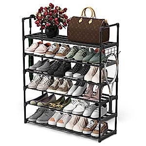 Hsscblet 6 Tiers Metal Shoe Rack,Adjustable Shoe Shelf Storage Organizer with Versatile Hooks,Stackable Boot & Shoe Storage,for Entryway,Hallway,Living Room,Closet,Black