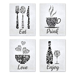 Black Grey White Mosaic Vintage Inspirational Kitchen Restaurant Cafe Bar Wall Art Decorations Eat Drink Love Wine Coffee Hearts Prints Posters Signs Sets for Rustic Farmhouse Country Home Dining Room House Decor Funny Sayings Quotes Unframed 8”x10”