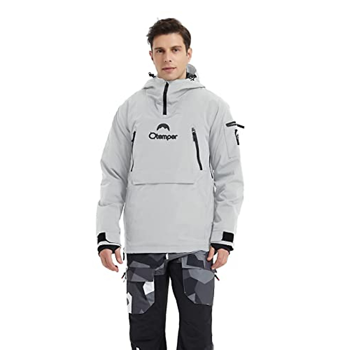 kirnusino Mens Ski Jacket Snow Coat for Men Windbreaker Waterproof Mountain Hooded Sweatshirt with Shoulder Pass Card Pocket Windproof Warm Winter Coat-Grey-L