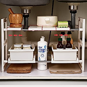 Meonddizio Under Sink Organizers and Storage with Sliding Drawer,Expandable Under Sink 2 Tier (Expand from 22 to 28 inches),2 pack Drawers for Kitchen/Bathroom/Bedroom/Office.