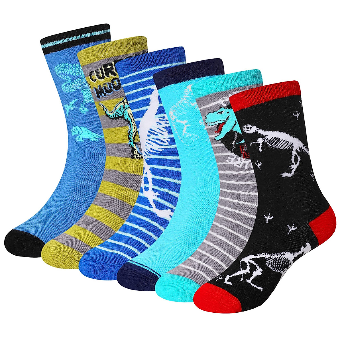 SeeyAN Boys Socks Kids Funny Cotton Novelty Crew Cartoon Space Dinosaur Crazy Socks 6 Pairs (6 Pairs Dinosaur, 6-8 Years)