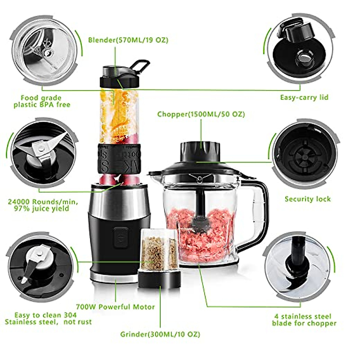 Goelunmy Blender and Food Processor Combo, Blender for Shakes and Smoothies, Bullet Blender Personal Blender Small Blender, Suitable for Kitchen, Home, Food, Juice, 700W Electric Blender with Mixer Grinder/Blender/Chopper & 19-oz Portable Blender Cup