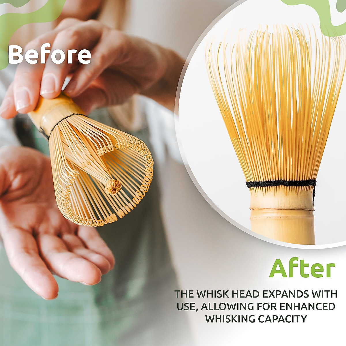 Bamboo Matcha Whisk with Bamboo Spoon and Hooked Bamboo Scoop (Chashaku) Set by MATCHA DNA - Traditional Matcha Whisk Made from Durable and Sustainable Golden Bamboo for Matcha Tea Preparation