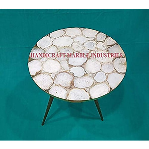 12" Inch Round Natural White Agate Coffee Table with Gold or Silver Foil coated borders with Metal Base, Agate Table, Stone Coffee Table, Agate Table Top, Agate Round Coffee Table