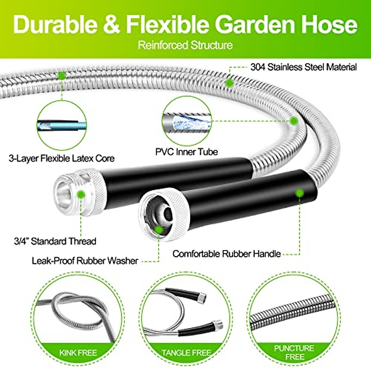 FUDESY 10ft Metal Garden Hose, Heavy Duty 304 Stainless Steel Water Hose Extension, Flexible, Lightweight, Kink & Tangle Free, Rust Proof, High Pressure, Easy to Store for Yard, Outdoor, RV(No Nozzle)