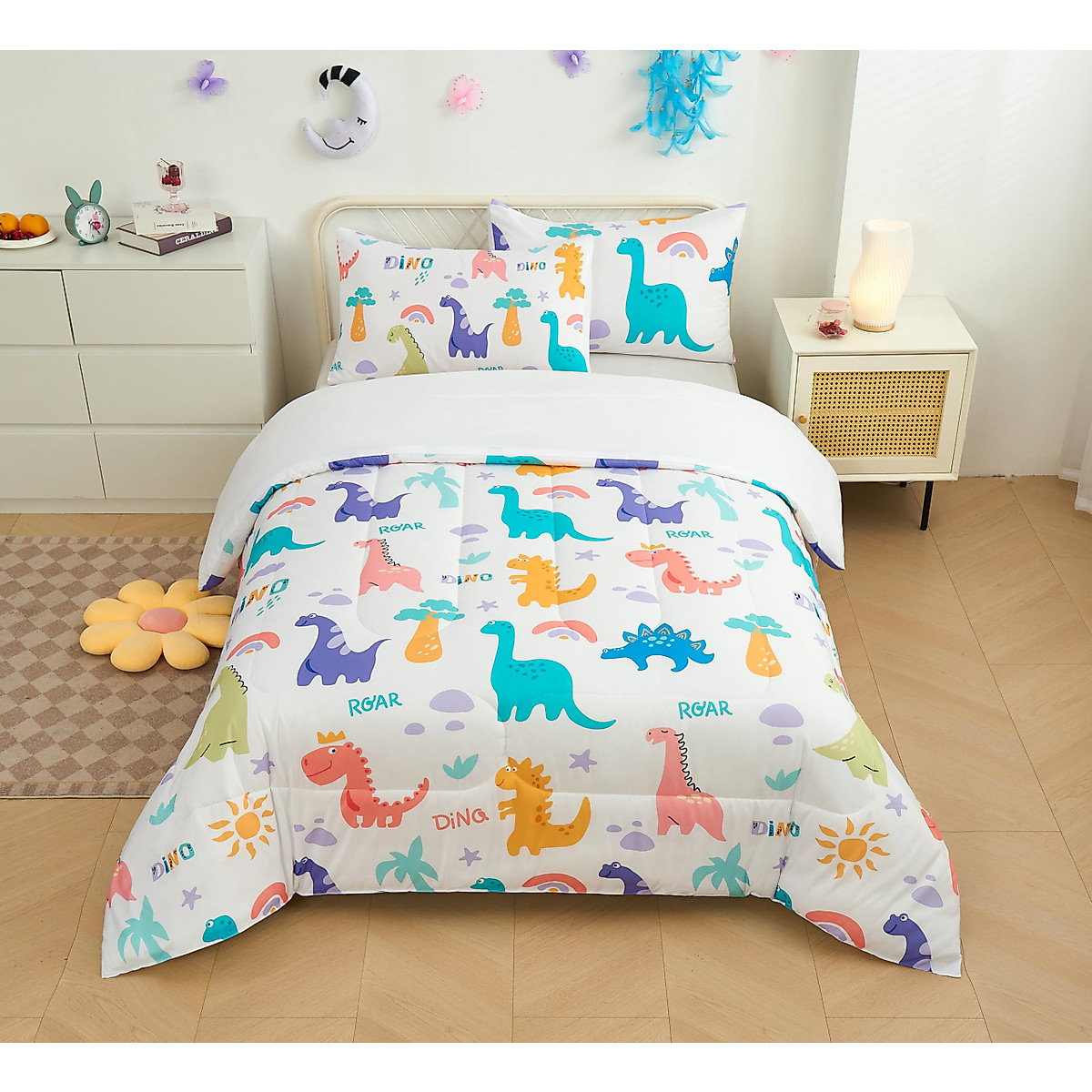 YHXSLY Dinosaur Comforter Set Twin Size, 3 PCS Dinosaur Print Cartoon Kids 3D Quilts Bedding Sets Room Decor Bedding Set All Season for Child Gift Birhday Halloween (Dino, Twin)