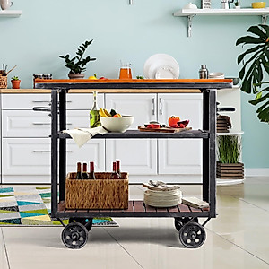 BOKKOLIK Vintage Rolling Bar Cart on Wheels Industrial Mobile Serving Cart Metal and Wood Design for Kitchen Bar Office Coffee House 36.2" Lx15.75 Wx30.5 H 3 Tier with 2 Side Handle
