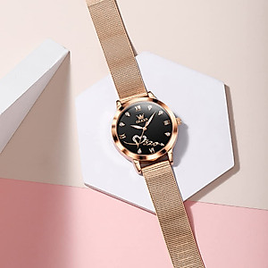 OLEVS Womens Watches Rose Gold Mesh Strap Fashion Dress Quartz Waterproof Luminous Watches for Women Bracelet Sets Black Face