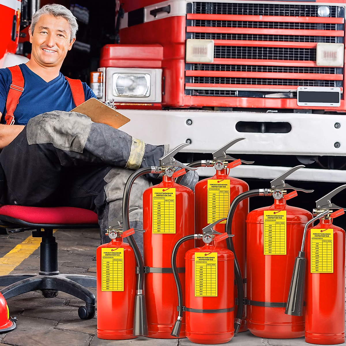 101 Pieces Monthly Fire Extinguisher Inspection Tags 2023 Maintenance Tags and Plastic Tamper Seals Numbered Security Tags with Handheld Hole Puncher (Red, Yellow, 4.33 x 2.13 Inch)