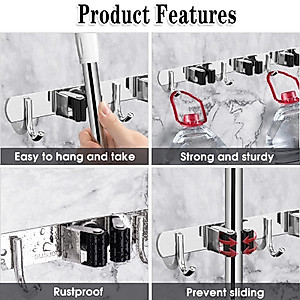 AceMining 3 Racks and 4 Hooks & 2 Racks and 3 Hooks Broom and Mop Holder Wall Mounted Garage Organizer Storage Tool Racks Stainless Steel Heavy Duty Hooks Self Adhesive Solid Non-slip Wall Hangers