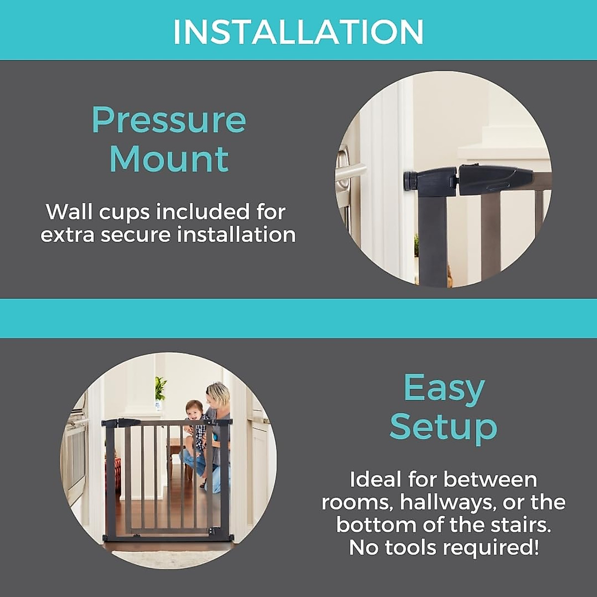 Toddleroo by North States Driftwood Extra Wide Auto Close Baby Gate: Self-Closing Child Gate with Hold-Open Feature. Pressure Mounted Baby Gate, Fits 29.75” to 52” Wide. (30" Tall, Graphite and Wood)