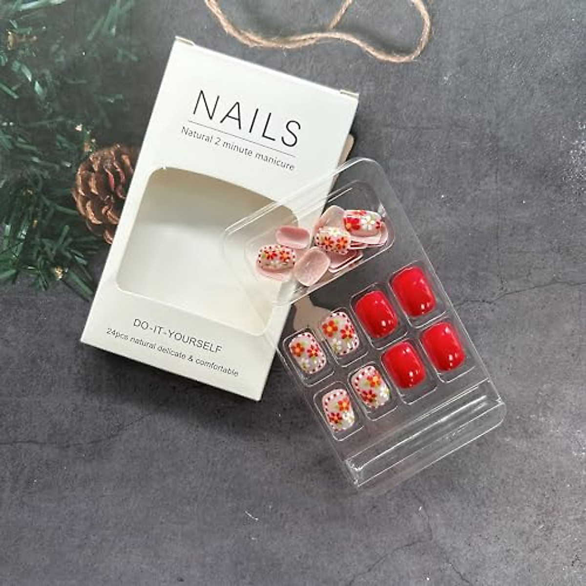 KKUUOO French Tip Press on Nails Square Fake Nails Medium False Nails with Colorful Flower Designs Cute Press on Nails Full Cover Acrylic Nails Stick on Nails Glossy Glue on Nails for Women 24Pcs