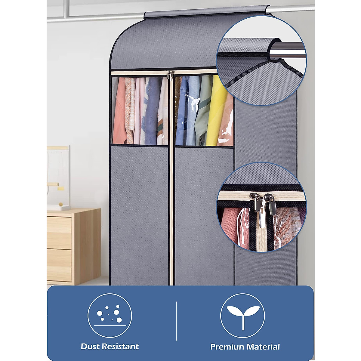 SLEEPING LAMB 43'' Garment Bags for Closet Storage with Zippers Completely Closed Wardrobe for Hanging Clothes Suits Coats Cover, 2 Packs, Grey(Hanging Rod Not Included)