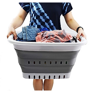 SAMMART 37L (9.77 gallon) Collapsible Plastic Laundry Basket - Foldable Pop Up Storage Container/Organizer - Space Saving Hamper/Basket (1, White/Grey)