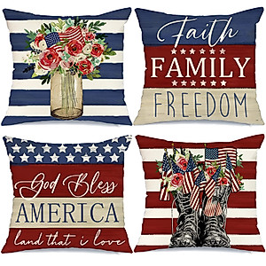 GEEORY 4th of July Decorations Pillow Covers 18 x 18 Set of 4 Star and Stripe Freedom Boot Floral Flag Throw Pillow Covers Patriotic Pillows Independence Memorial Day Decor Cushion Case G325-18