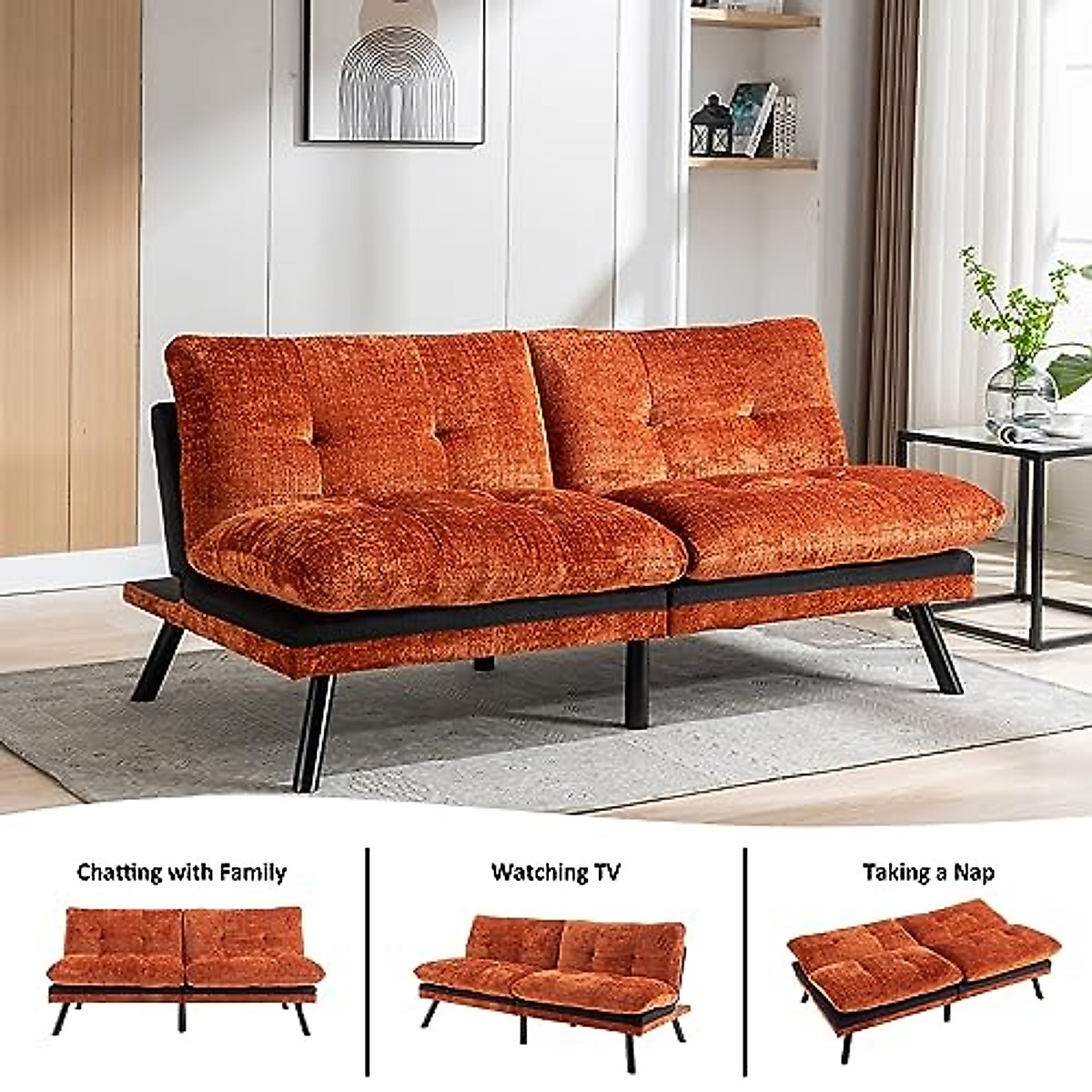 Anwick Futon Sofa Bed Convertible Futon Sleeper Couch, 71" Sleeper Sofa Bed with Adjustable Backrest, Modern Loveseat Couch for Compact Living Room, Apartment, Office (Orange)
