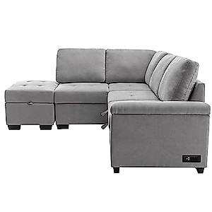 Merax, L-Shape Corner Couch Sofa-Bed with Storage Ottoman & Hidden Arm Storage & USB Charge for Living Room Apartment, Light Gray