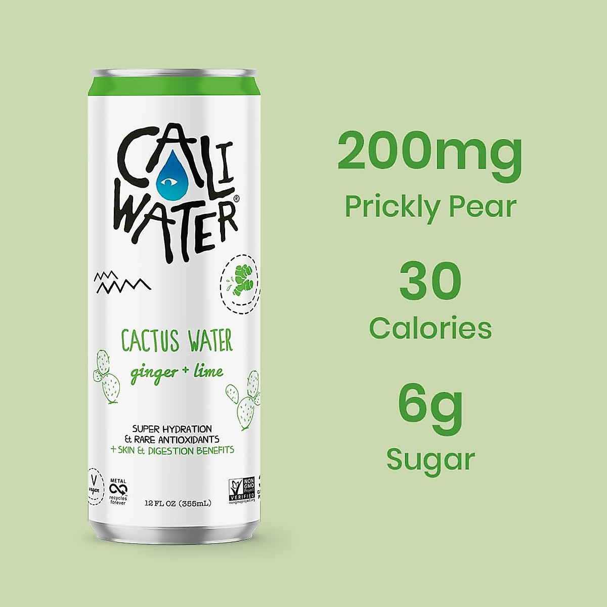 Caliwater - Organic Cactus Water - Ginger and Lime - 5g Sugar, 25 Calories - Coconut Water Alternative - Natural Plant Based Hydration - Skin Care, Electrolyte Drinks - Flavored Water - 12 Cans