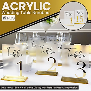 Table Numbers-Mirrored Gold Table Numbers & Base-Frosted Acrylic Table Numbers -Wedding Decorations for Reception-Minimalistic font table number stands 7x5-wedding table numbers for wedding reception