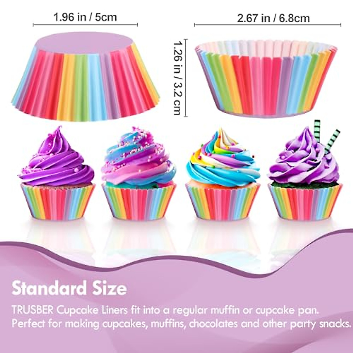 TRUSBER Cupcake Liners, 100 pieces Rainbow Baking Cups Paper Muffin Wrappers Nonstick Muffin Molds Baking Cup Holders for Wedding, Birthday, Baby Shower or Holiday Party