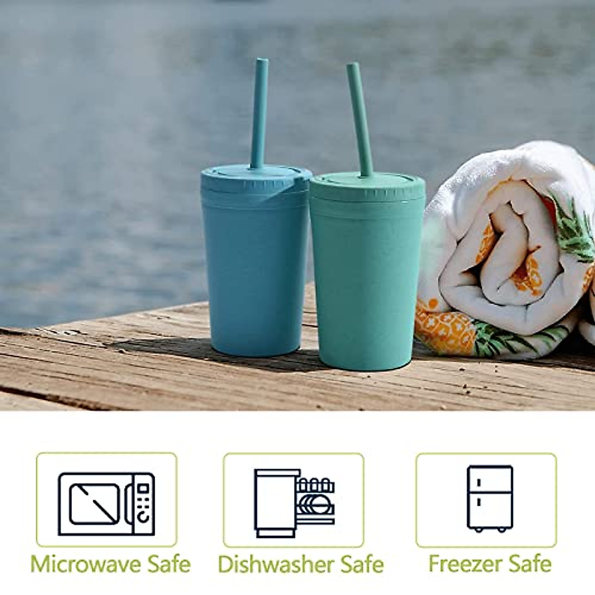 【Set of 4】Reusable Wheat Straw Cups with Lid and Straws, 10 Oz Chip Resistant Cups -Dishwasher Safe E-Co Friendly Small Water Cups with Silicone Straws for Milk, Drinks, Smoothies -4 Colors