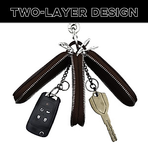 Car Key Fob Case, Double Zipper Genuine Leather Protection Key, Universal Premium Car Key Fob Case, Metal Hook and Keyring with Transparent Window for Men Women (Coffee)