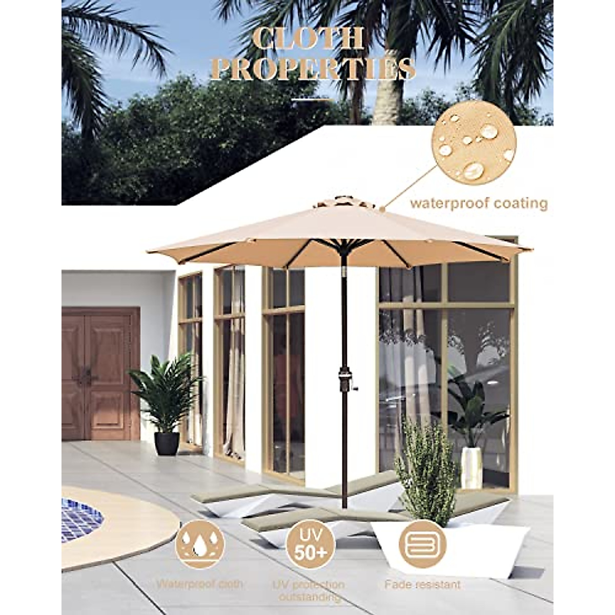 Zersun 9FT Patio Umbrella, Solar Powered LED Umbrellas with 32 LED Lights 8 Ribs/Tilt Adjustment and Crank Lift System for Garden, Backyard and Pool - Tan