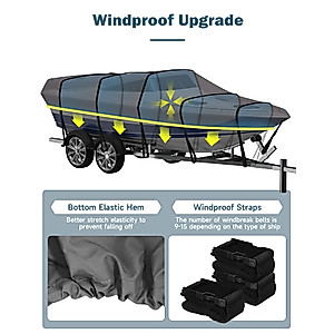 Umbrauto Boat Cover with Motor Cover 600D Solution-Dyed Polyester Waterproof Trailerable Bass Boat Cover, 14-16ft Heavy Duty Boat Covers Fits V-Hull Tri-Hull Fishing Runabout Bass Boats