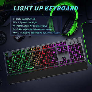 RaceGT Gaming Keyboard, Rainbow Backlit Wired Keyboard 104 Keys Full Size with Wrist Rest, Splash-Proof Design Compatible for Computer PC Laptop Xbox