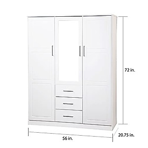 Palace Imports Cosmo Solid Wood 3-Door Wardrobe with Mirror and 3 Drawers, White. Additional Shelves Sold Separately.