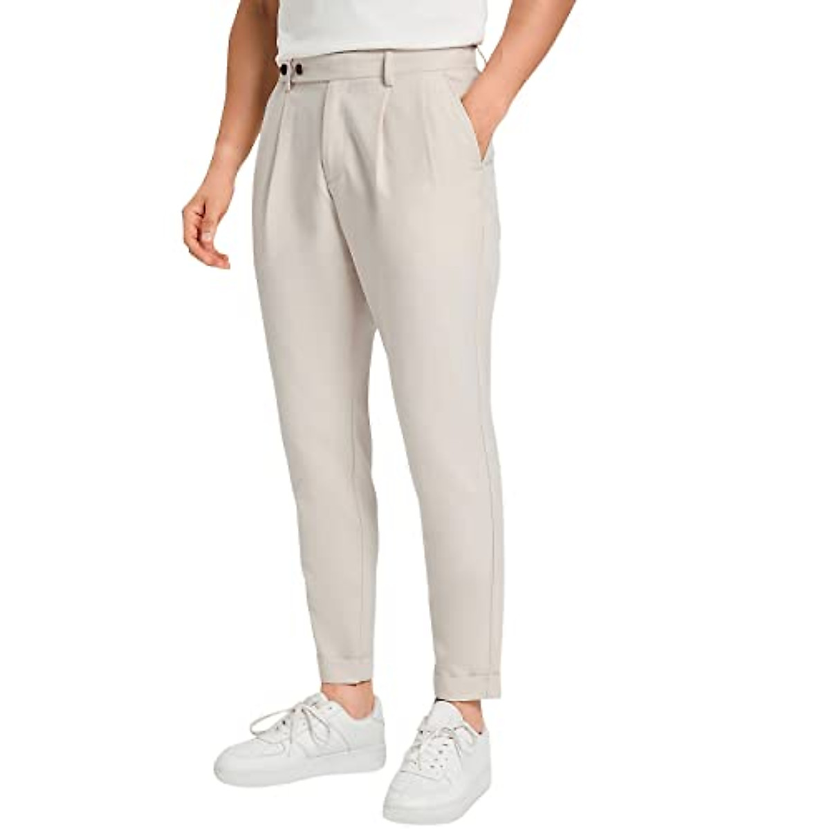 SweatyRocks Men's Zip Fly Pleated Tailored Pants Work Office Business Trousers with Pockets Apricot L