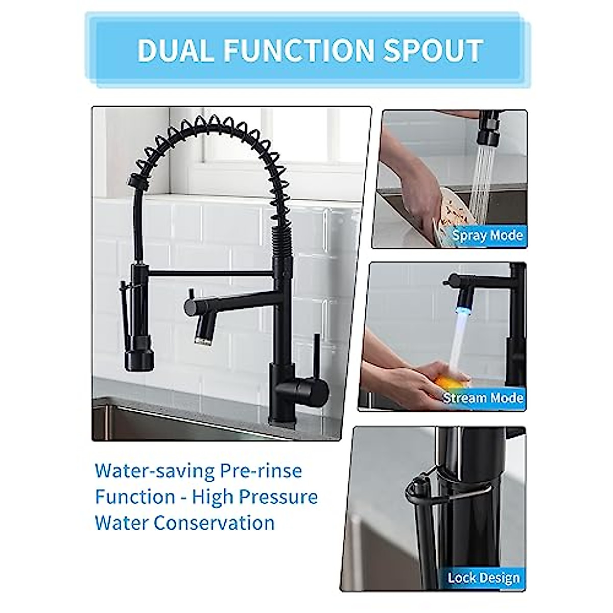 AIMADI Kitchen Faucet,Black Kitchen Faucet,Commercial Kitchen Faucet with Sprayer Single Handle Single Hole Spring Kitchen Sink Faucet,Matte Black