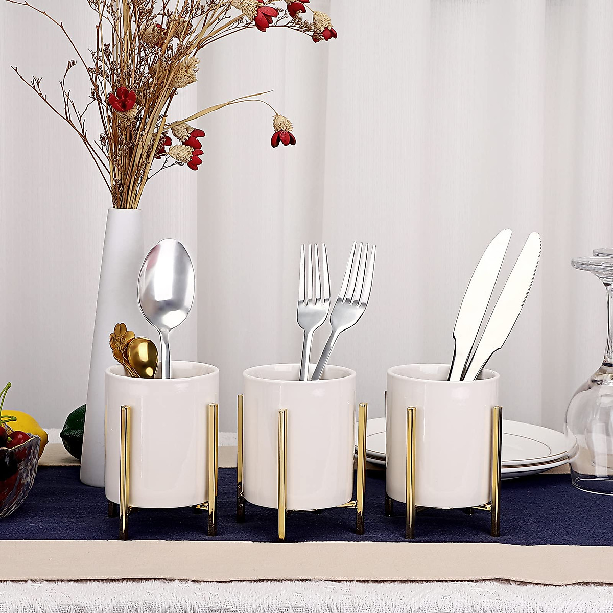 JUXYES Pack of 3 Ceramic Silverware Holder For Table Setting, White Cutlery Holder Holder With Golden Metal Bracket, Small Flatware Caddy Organizer Utensil Holder Organizer for Kitchen Dining Tables