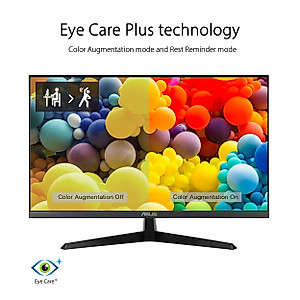 ASUS VY279HE 27” Eye Care Monitor, 1080P Full HD, 75Hz, IPS, 1ms, Adaptive-Sync, Eye Care Plus, Color Augmentation, HDMI VGA, Frameless, VESA Wall Mountable