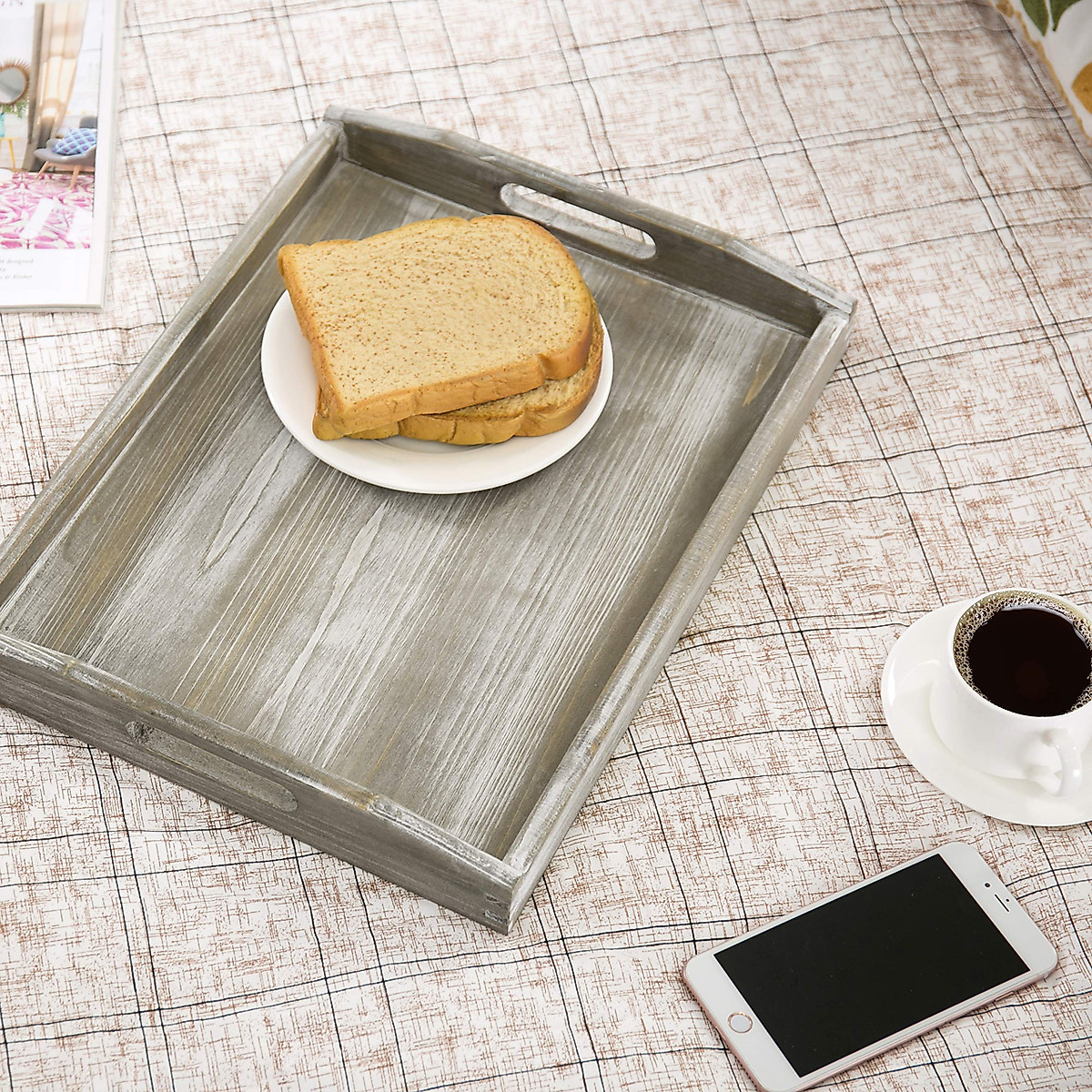 MyGift Rustic 12 x 16 inch Gray Wood Decorative Serving Tray with Handles, Rectangular Coffee Table Tray, Breakfast Tray