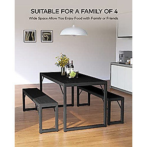 Bealife Dining Table Set for 4, Modern Kitchen Table Set with 2 Benches, 45.5in 3-Piece Soho Dining Room Table Set with Metal Frame and MDF Board, Sturdy Structure, Space-Saving Furniture (Black)