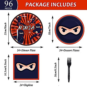 Tevxj 96PCS Ninja Tableware Set Ninja Master Dinnerware Disposable Dessert Plates Karate Theme Party Plates Napkins Forks for Ninja Warrior Birthday Party Decorations Supplies 24 guests
