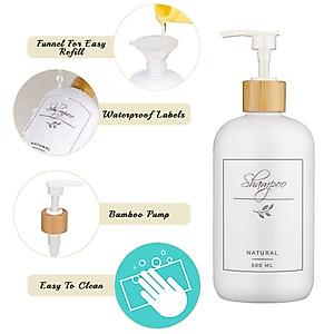YS STORE Shampoo and Conditioner Dispenser - Refillable Bath Set of 3 16oz Bamboo Pump with Funnel White Containers for Body Wash, Waterproof label, clean and modern.