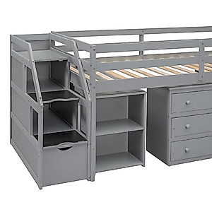 VilroCaz Twin Size Low Loft Bed with Retractable Writing Desk and 3 Drawers, Wooden Loft Bed Frame with Storage Stairs and Shelves for Kids Teens Boys Girls, Sturdy Slats Support (Grey-SRT)