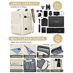 Large Travel Laptop Backpack, Expandable Flight Approved Backpack, Carry on Backpack for Women, Waterproof 17inch Laptop Hiking Backpack with Shoe Compartment, Beige