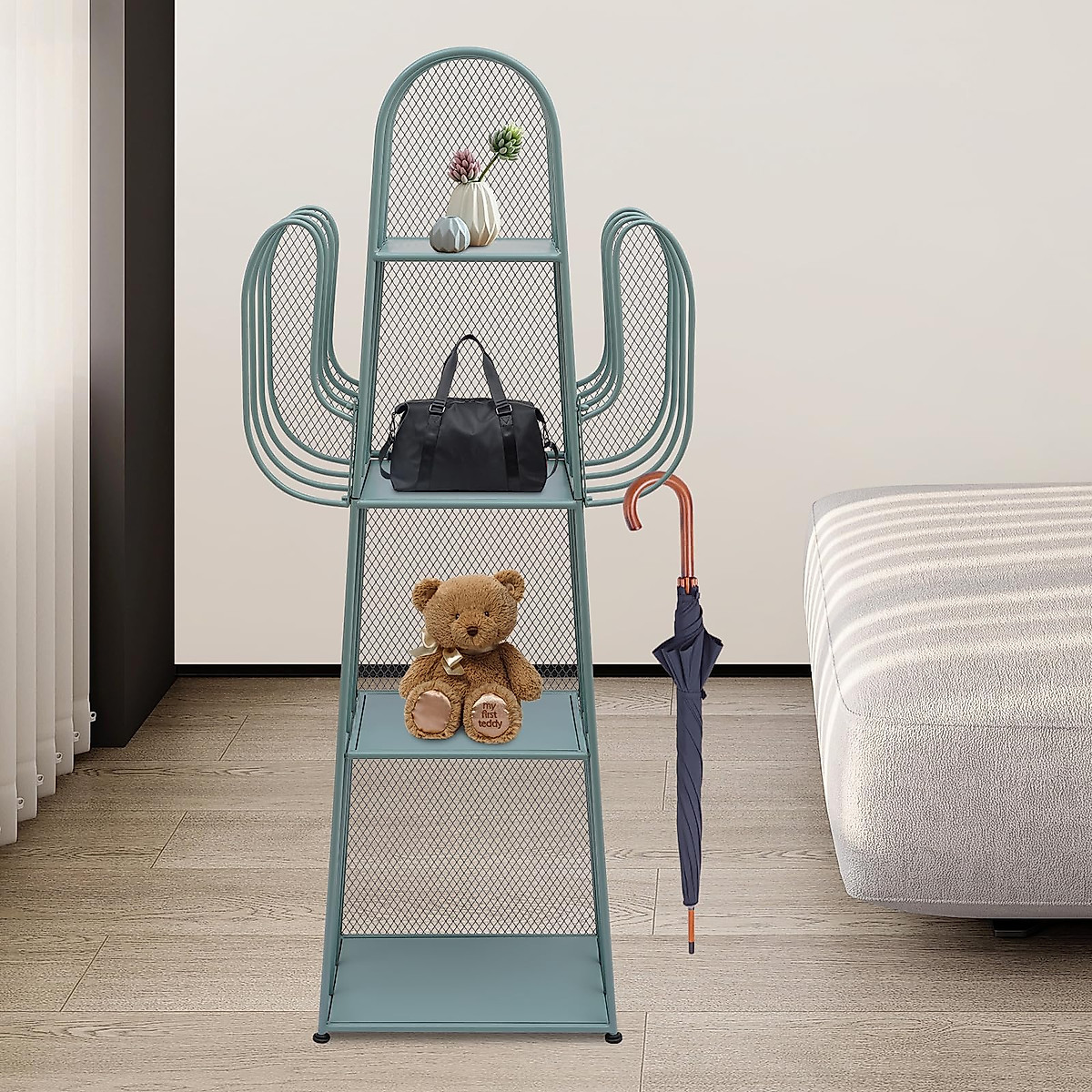 Cactus Bookshelf, 4 Tier Freestanding Cactus Shape Metal Hollow-Out Bookshelfs, Creative Book Storage Shelf Organizer for Small Space Green Cactus Bookcase for Home Living Room Bedroom (Green)