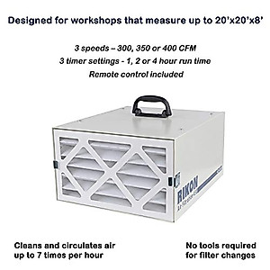 RIKON 62-450 3-Speed Remote-Controlled Air Filtration System (250/350/450 CFM) for large rooms up to 400 Square Feet - Circulates and Cleans Air 8 Times Per Hour!