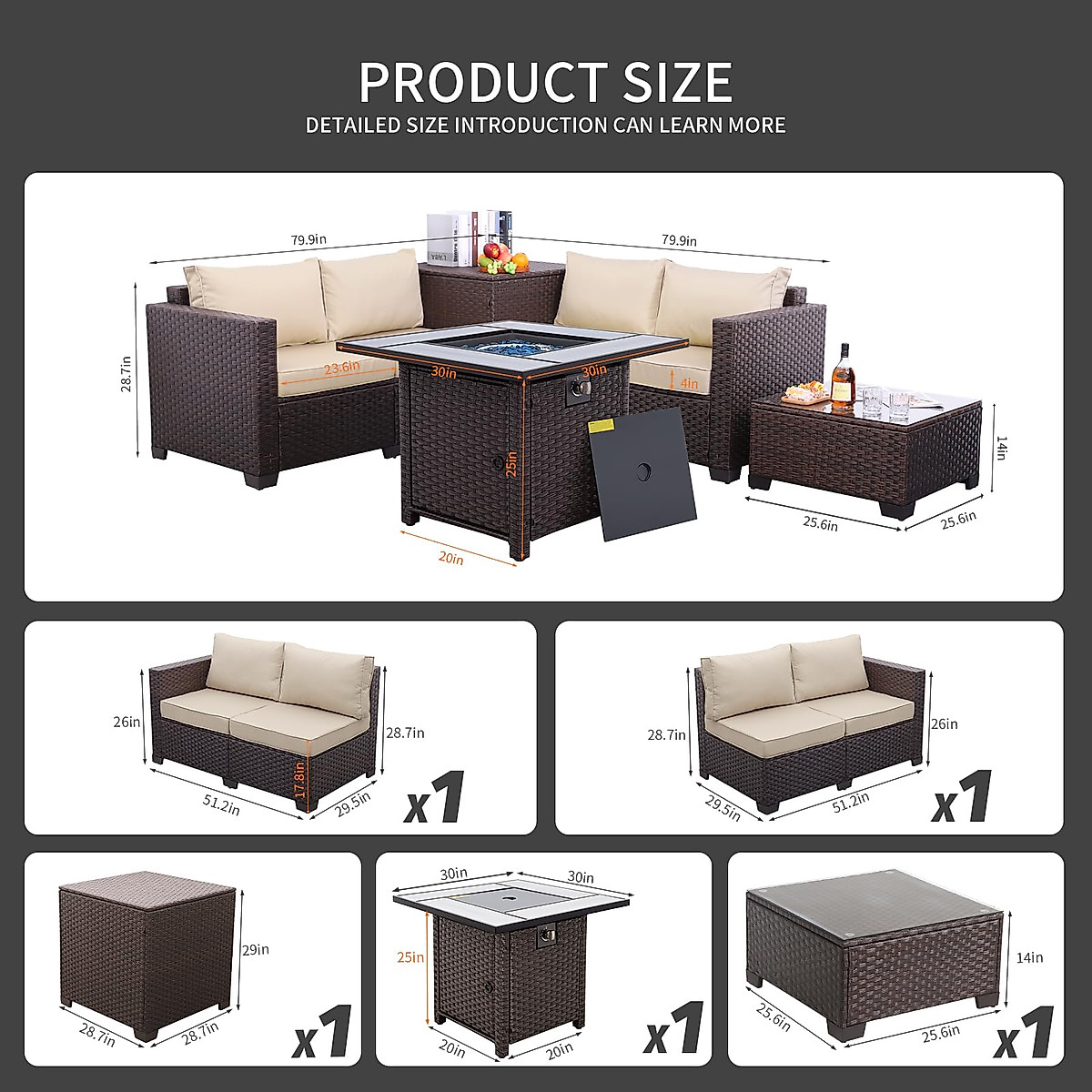 WAROOM 5 Pieces Patio Furniture Set PE Wicker Outdoor Brown Rattan Sectional Sofa Loveseat Couch Conversation Chair with Storage Bin Coffee Table and Propane Fire Pit, Anti-Slip Khaki Cushion