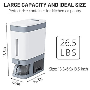 26.5 Lbs Rice Dispenser Large Sealed Grain Container Storage with Mesuring Cup, Airtight Design Food Dispenser, Kitchen Orgainzation Pantry Strore for Dry Food