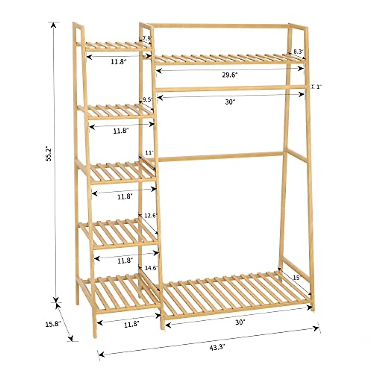 43.5" Bamboo Clothing Garment Rack Free Standing Clothes Coat Hanger Rolling Closet Organizer Shoe Rack Wardrobe Storage Hall Tree Entryway Living Bedroom Office Storage Shelves Clothes Hanging Rack