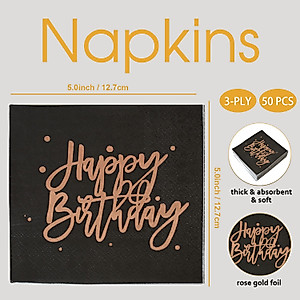 Happy Birthday Napkins Pack of 50 Rose Gold and Black Birthday Cocktail Napkins Paper Disposable Party Napkins Anniversary Lunch Dinner Birthday Decorations Supplies Beverage Napkins 3 Ply