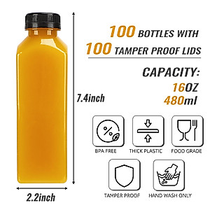 TOMNK 100pcs Plastic Bottles with Caps, 16oz Juice Bottles, Juice Bottles with Caps with Black Caps Juice Bottles with Label, Funnel and Brush Beverage Containers for Juicing, Smoothies, Tea, Milk