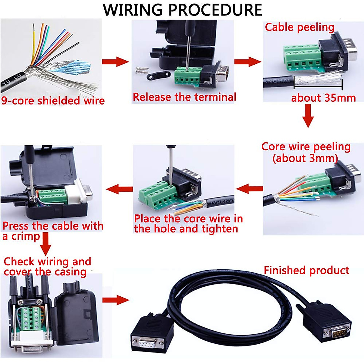 ANMBEST 10PCS DB9 Breakout Connector, 5PCS Male + 5PCS Female DB9 Solderless RS232 D-SUB Serial to 9-pin Port Terminal Adapter Connector Breakout Board with Case Long Bolts Tail Pipe